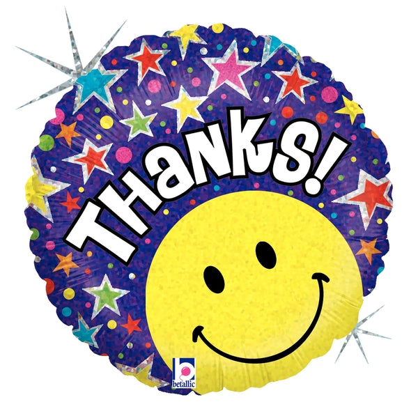 18" Holographic Balloon Packaged Smiley Face Thanks – Bargain Balloons ...